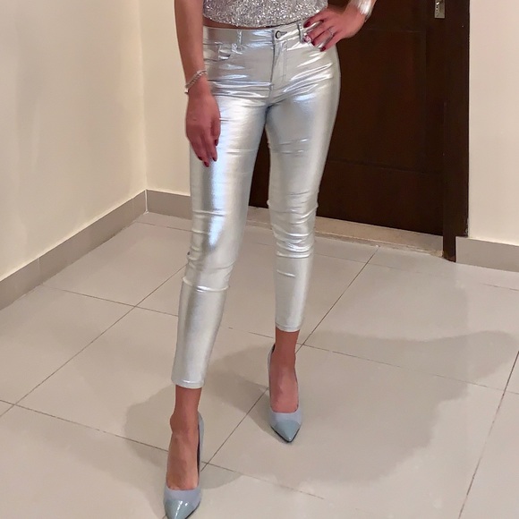 Zara | Pants & Jumpsuits | Zara Silver Metallic Jeans | Poshmark
